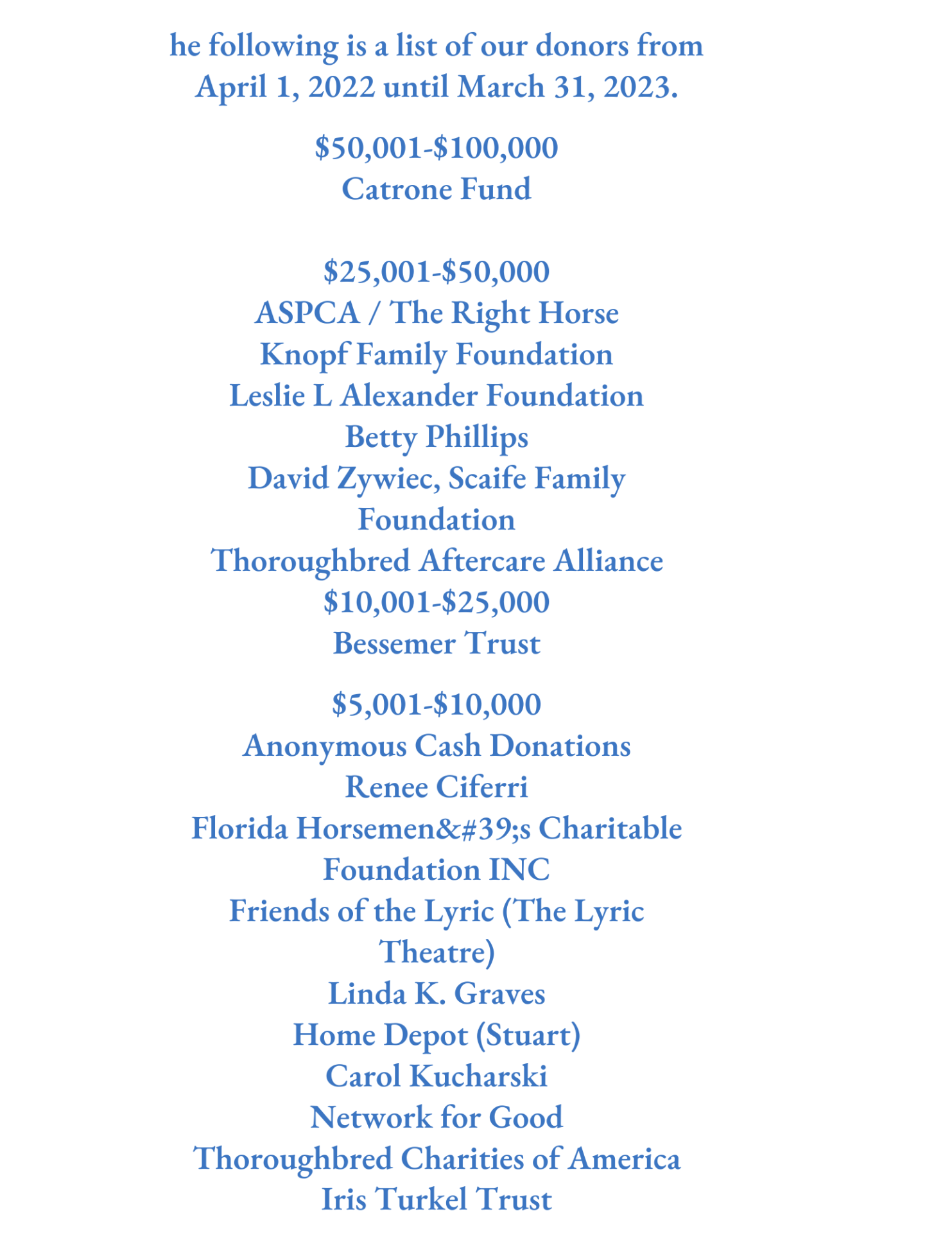 Our Donors - ERAF Horse Rescue Horse Adoption Florida